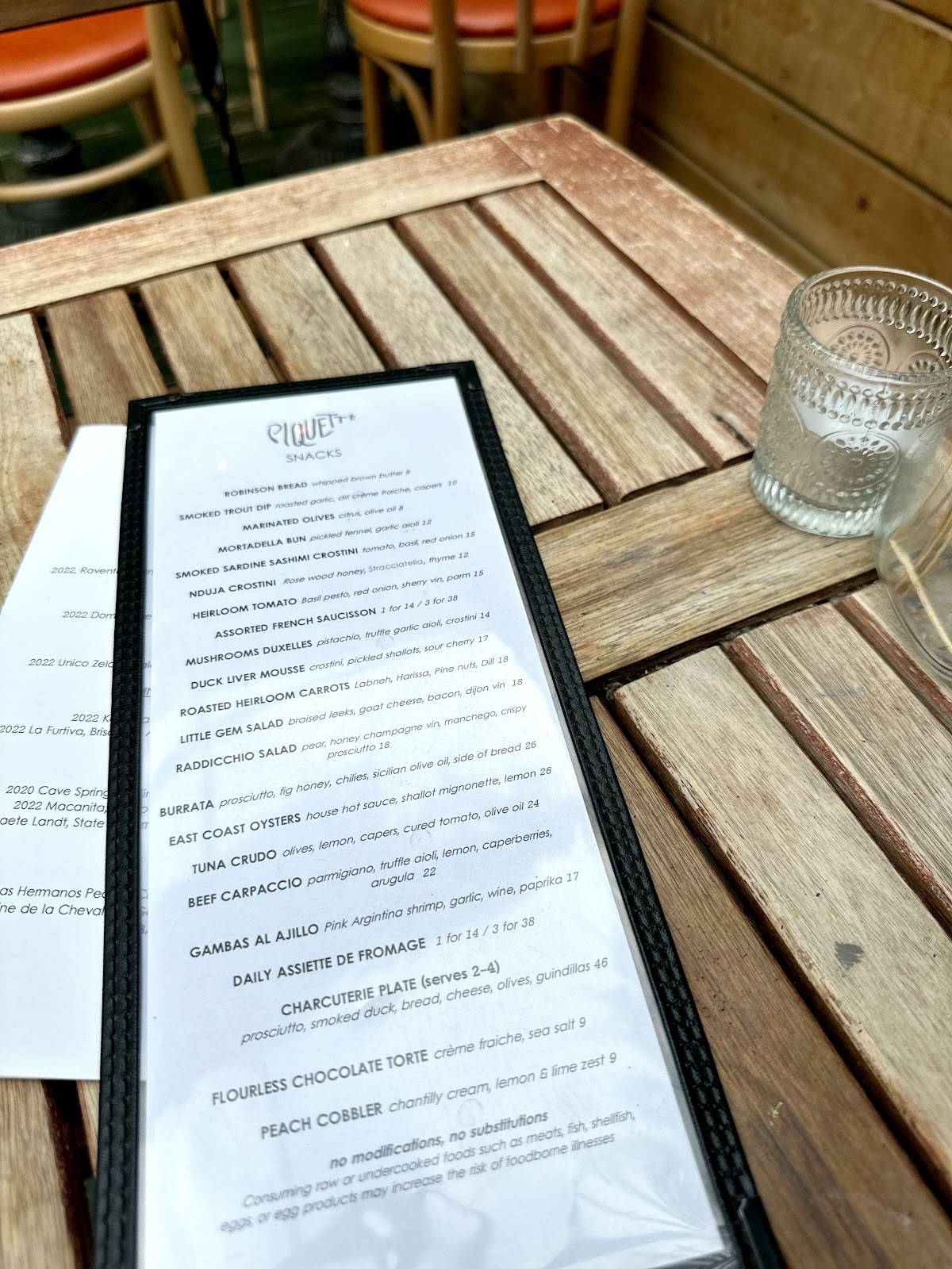 Menu at Bar Piquette, Toronto