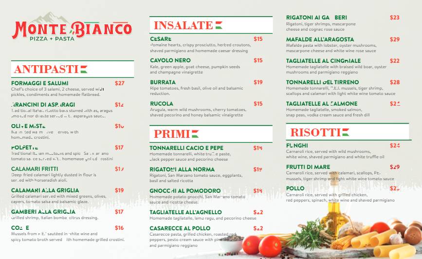 Menu au Monte Bianco Italian Cuisine and Pizzeria, Toronto