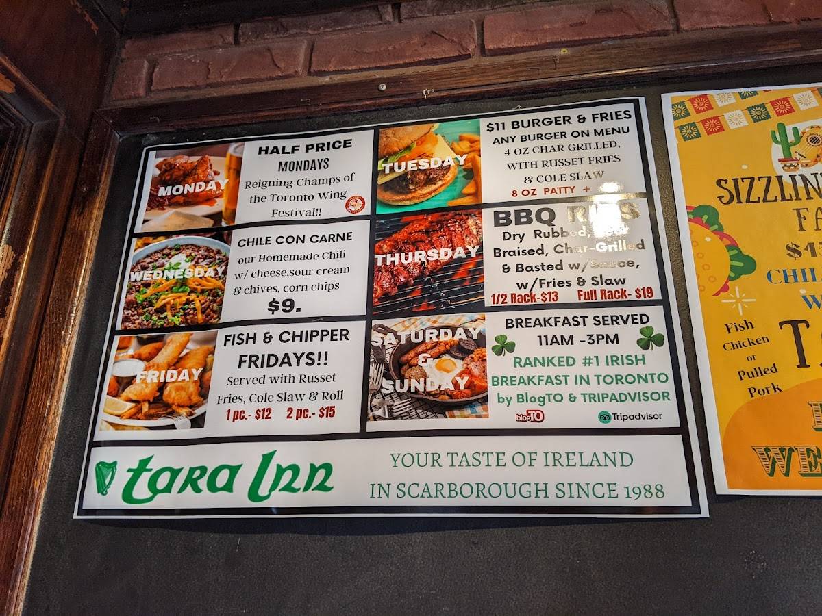 Menu at Tara Inn pub & bar, Toronto, Kingston Rd