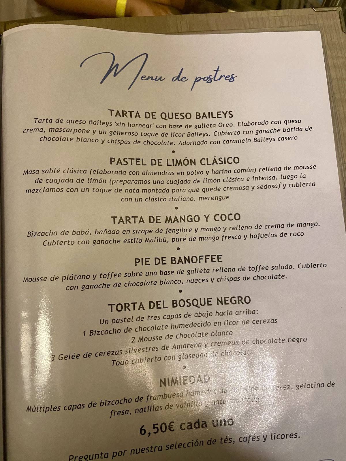 Menu at Torre Bahia restaurant, Mojácar, C. Torrebahia