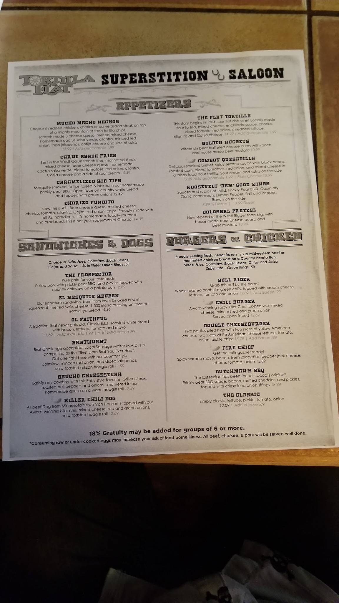 Menu at Tortilla Flat Saloon restaurant, Tortilla Flat, 1 Main Street