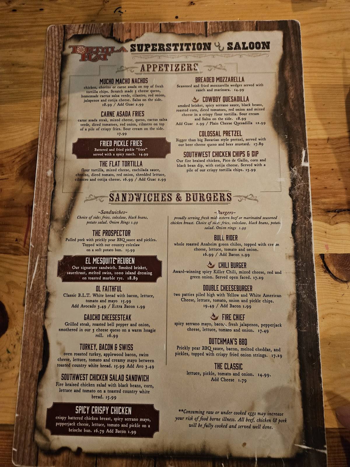 Menu at Tortilla Flat Saloon restaurant, Tortilla Flat, 1 Main Street
