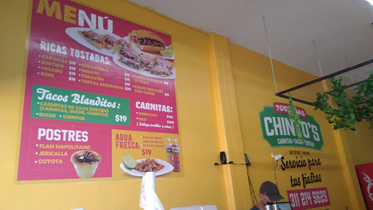 Menu at Tostadas Chinto's restaurant, Tepic