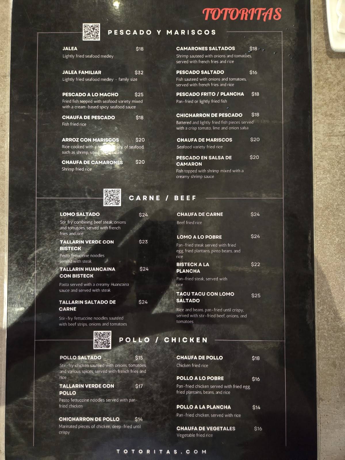 Menu at Totoritas Peruvian Restaurant, Miami, NW 36th St