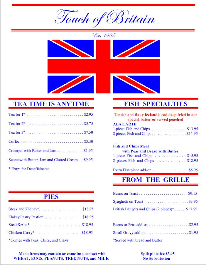 Menu at Touch of Britain restaurant, North Highlands
