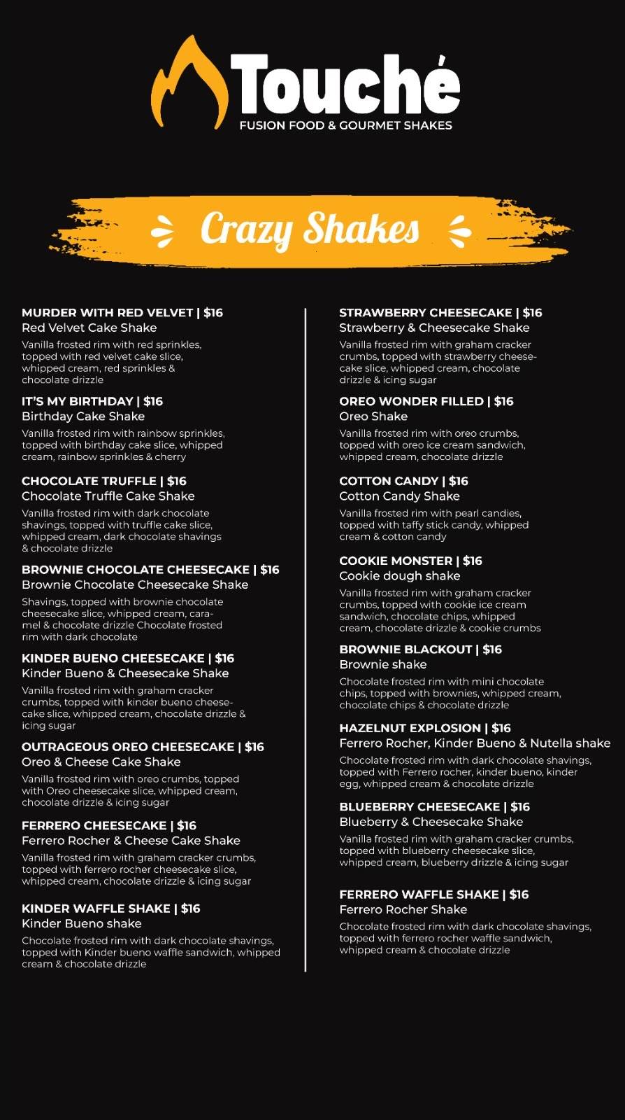 Menu at Touché - Fusion Food & Gourmet Shakes restaurant, Sydney