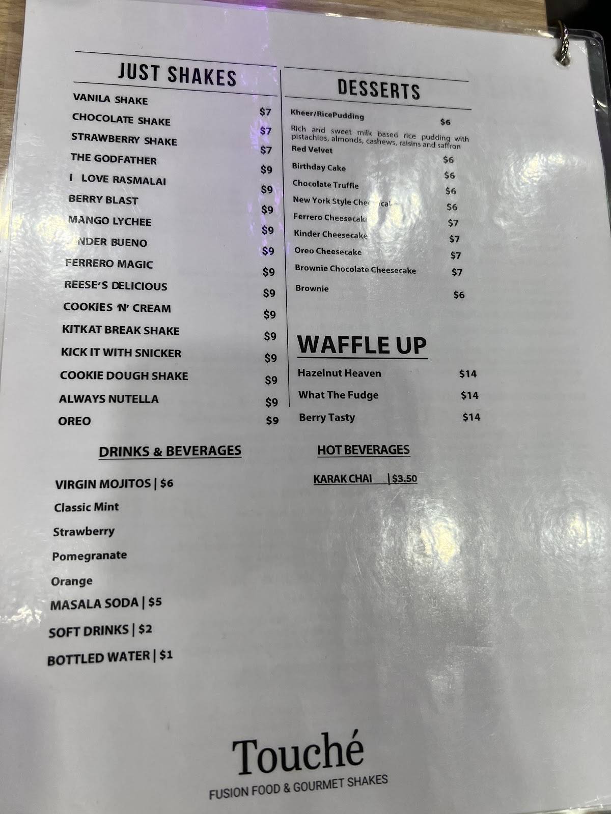 Menu at Touché - Fusion Food & Gourmet Shakes restaurant, Sydney
