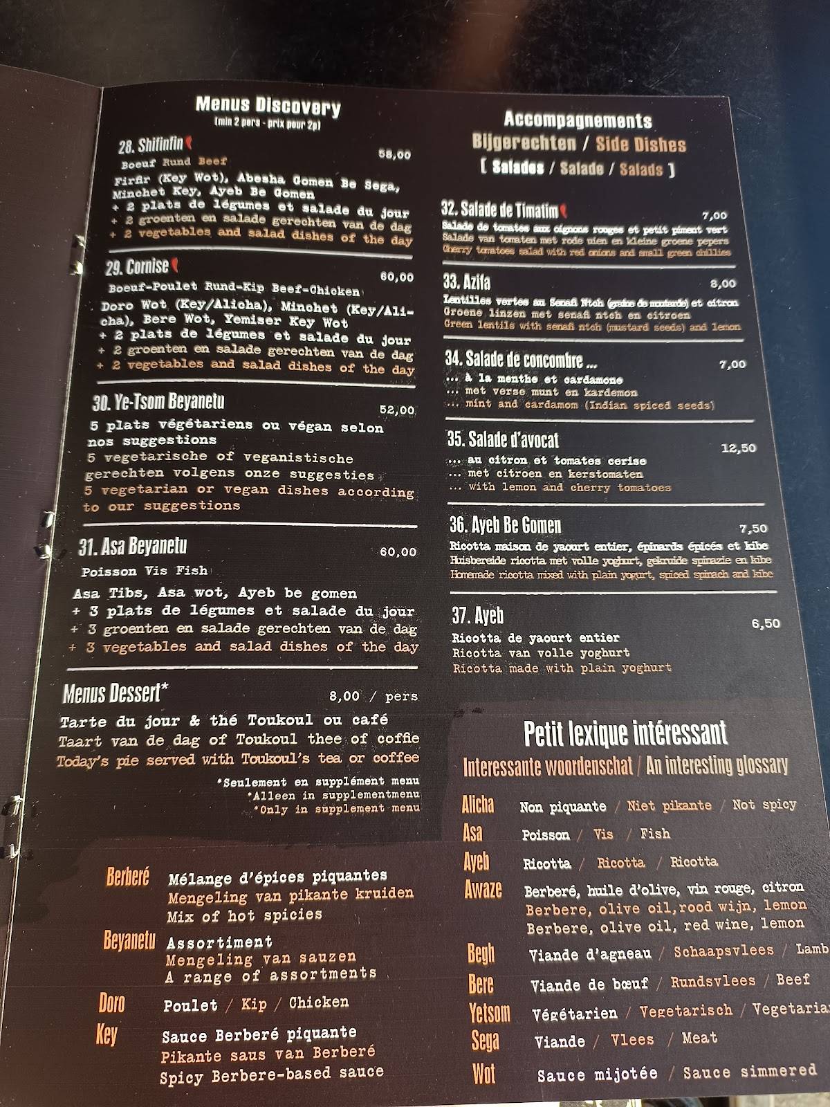 Menu au Toukoul, Bruxelles, Rue de Laeken 34