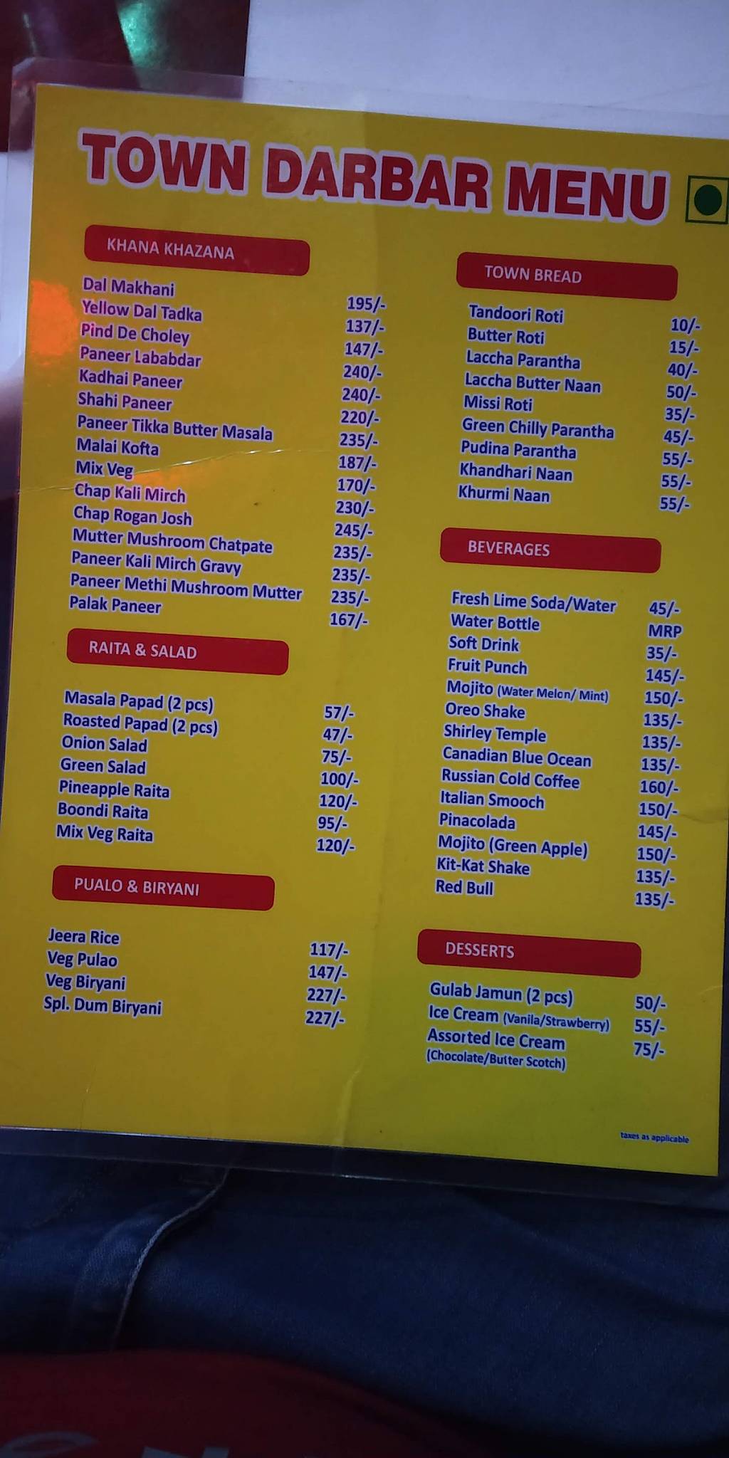 Menu at Town Darbar, Faridabad, 1G/47