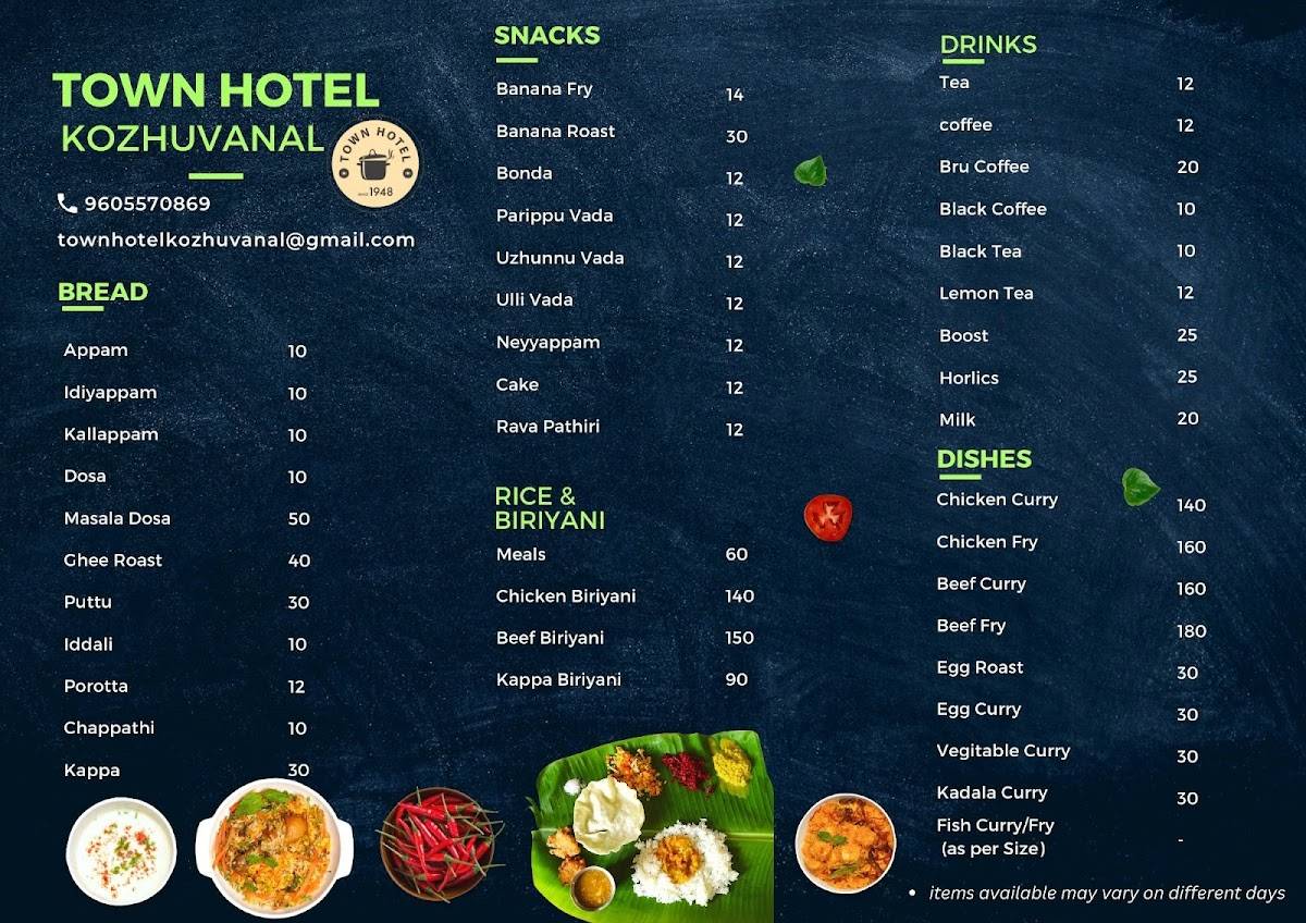Menu at Town Hotel, Kozhuvanal