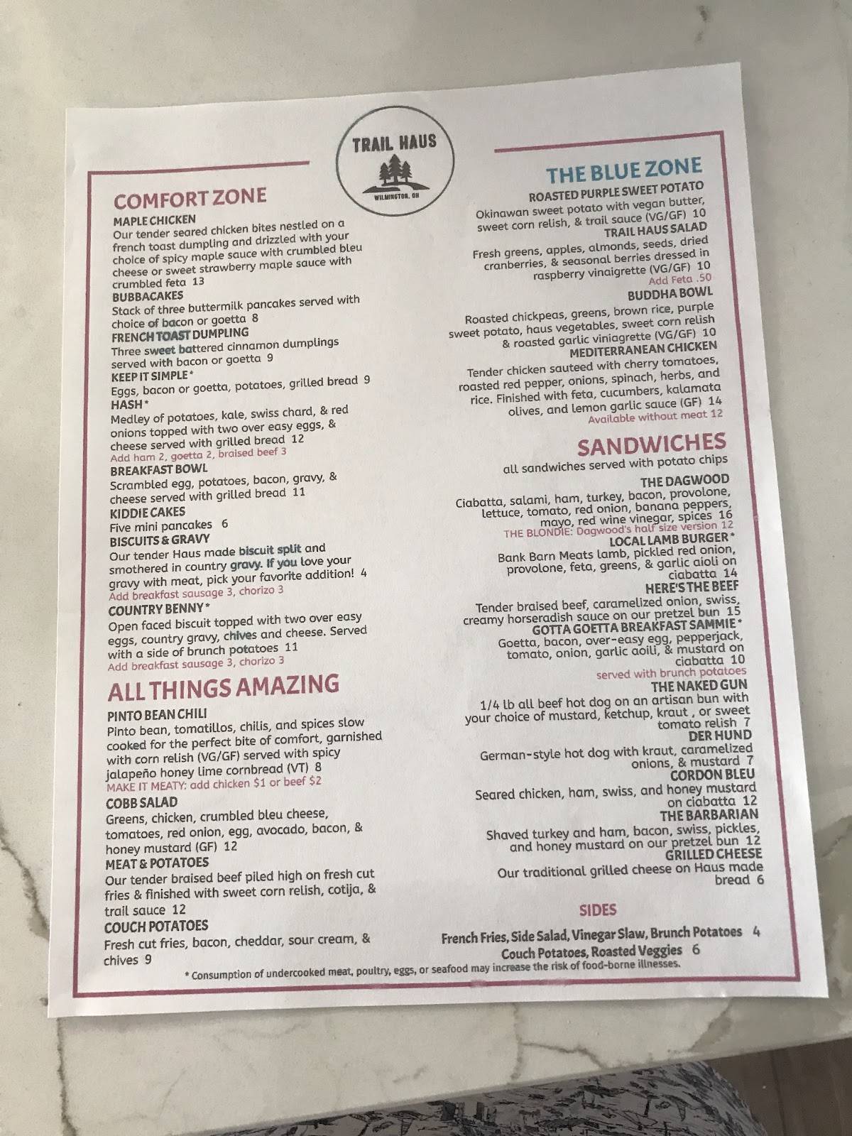 Menu at Trail Haus cafe, Wilmington
