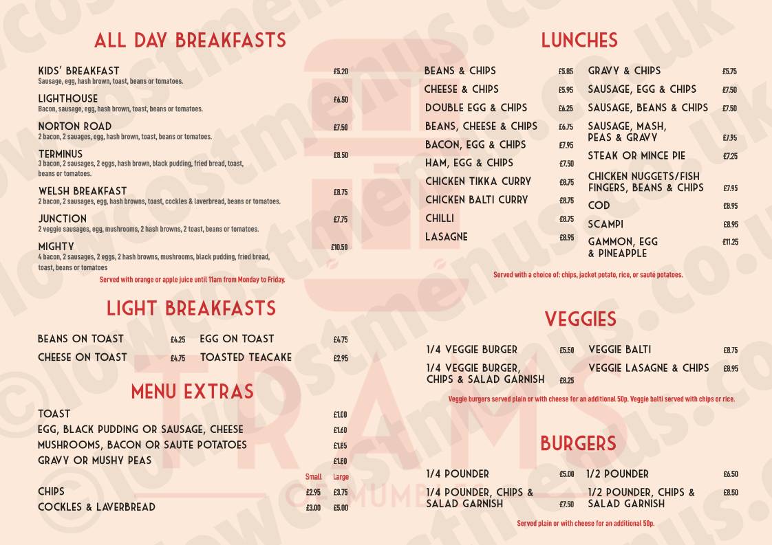 Menu at Trams @ mumbles cafe, The Mumbles