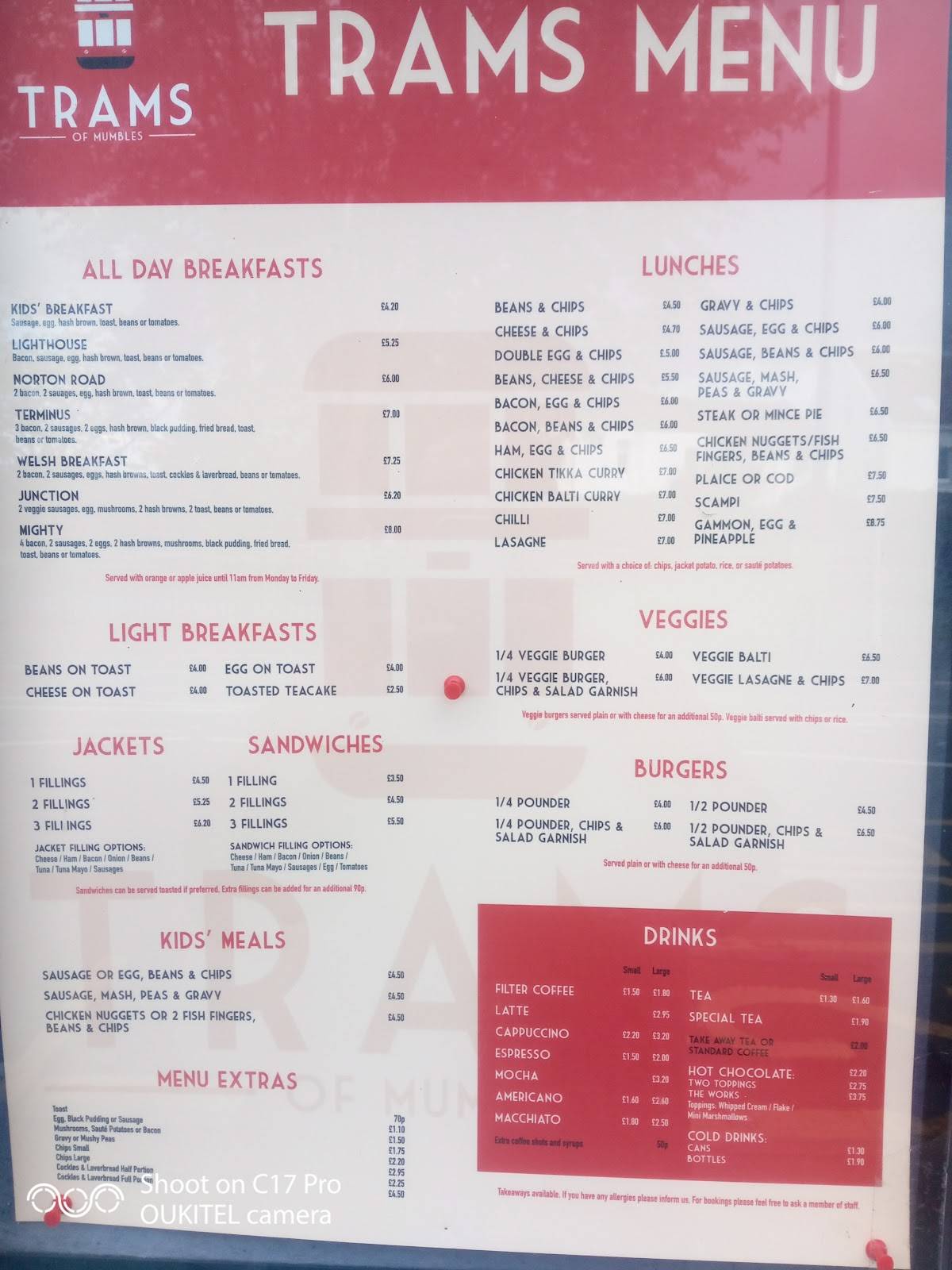 Menu at Trams @ mumbles cafe, The Mumbles