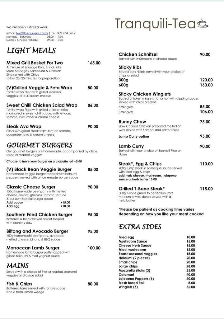 Menu at Tranquili-tea restaurant, Greytown