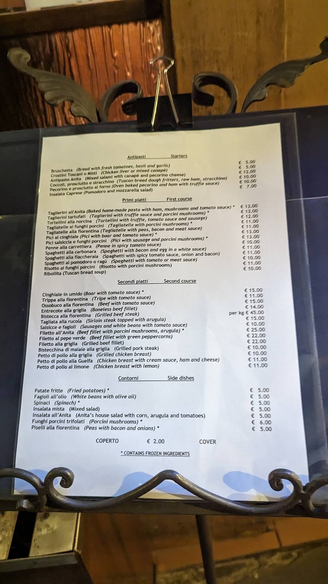 Menu at Trattoria Anita restaurant, Florence