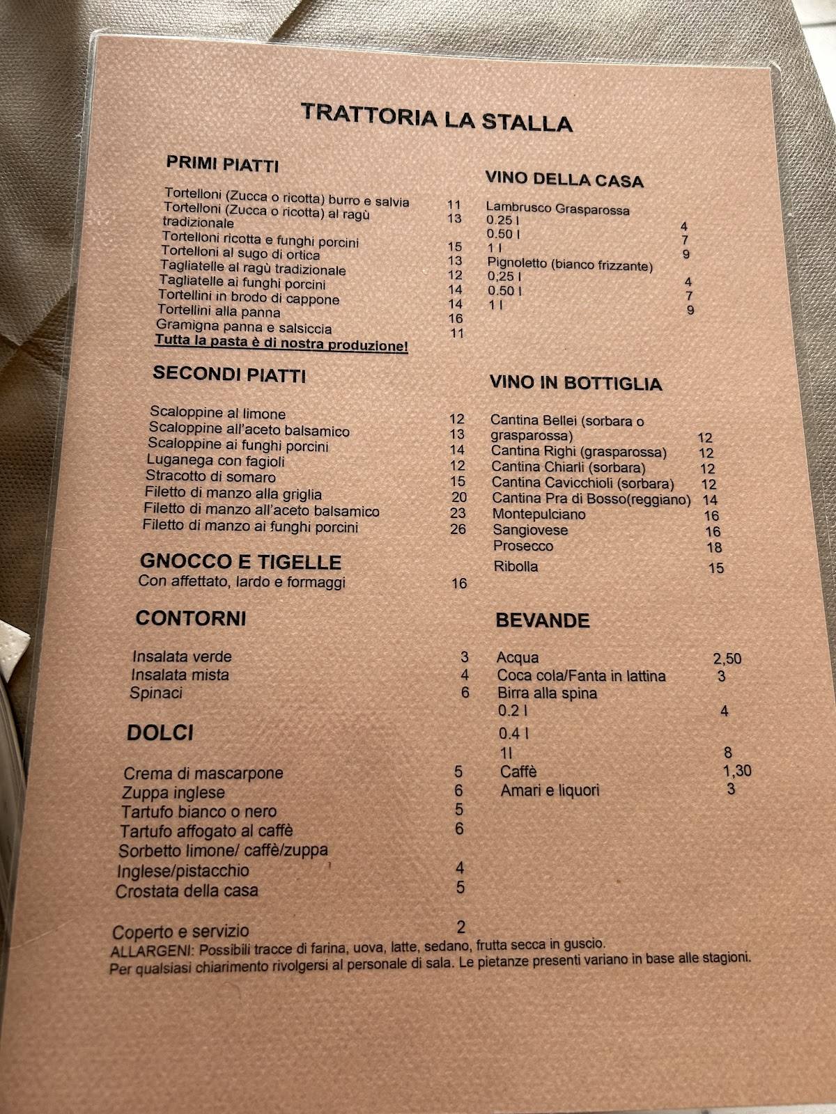 Menu da Trattoria La Stalla ristorante, Modena