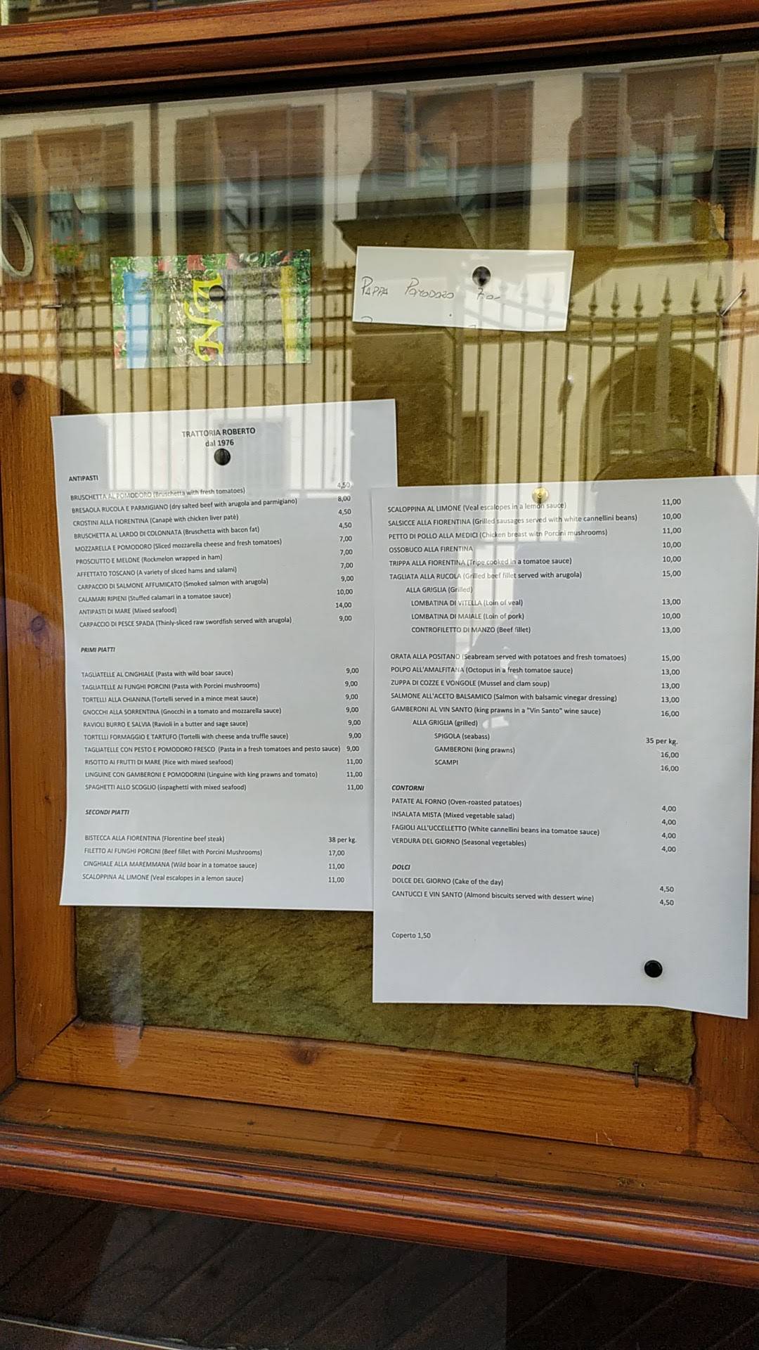 Menu at Trattoria Roberto restaurant, Florence