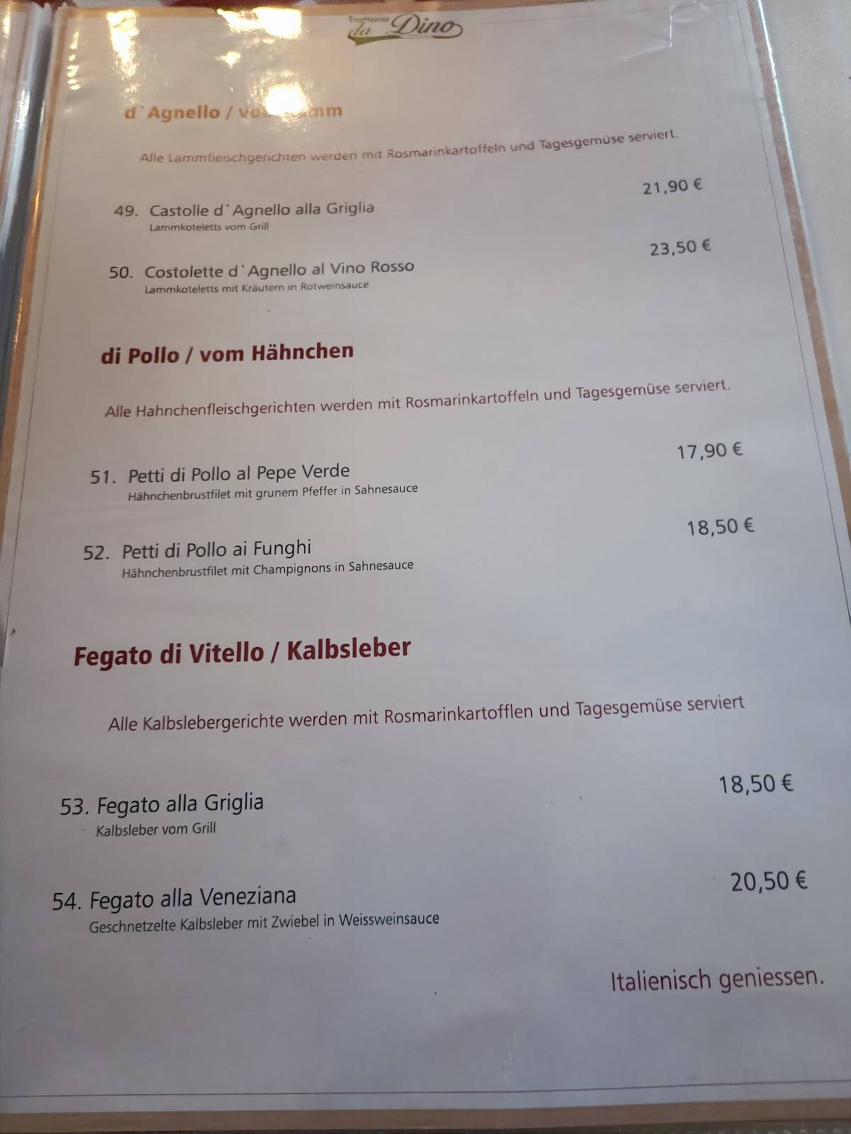 Speisekarte von Trattoria da Dino restaurant, Wiesenburg/Mark