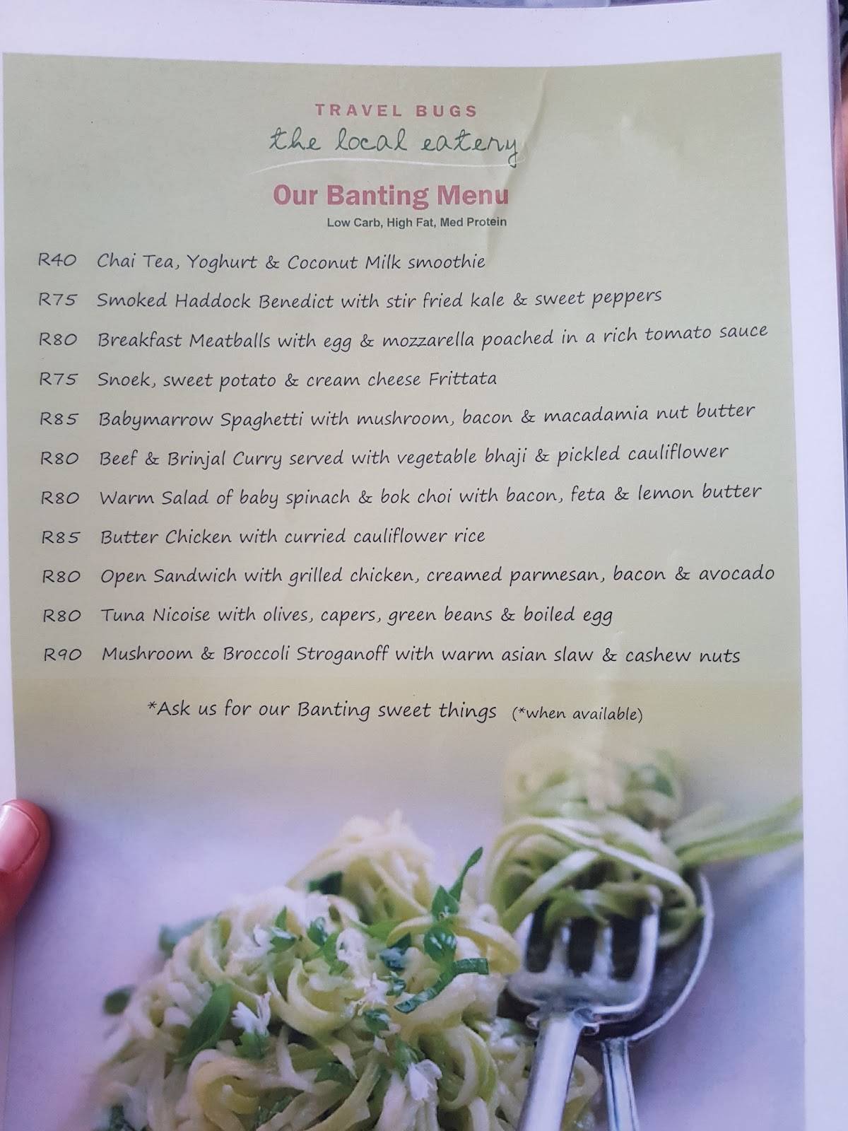 Menu at Travel Bugs cafe, George