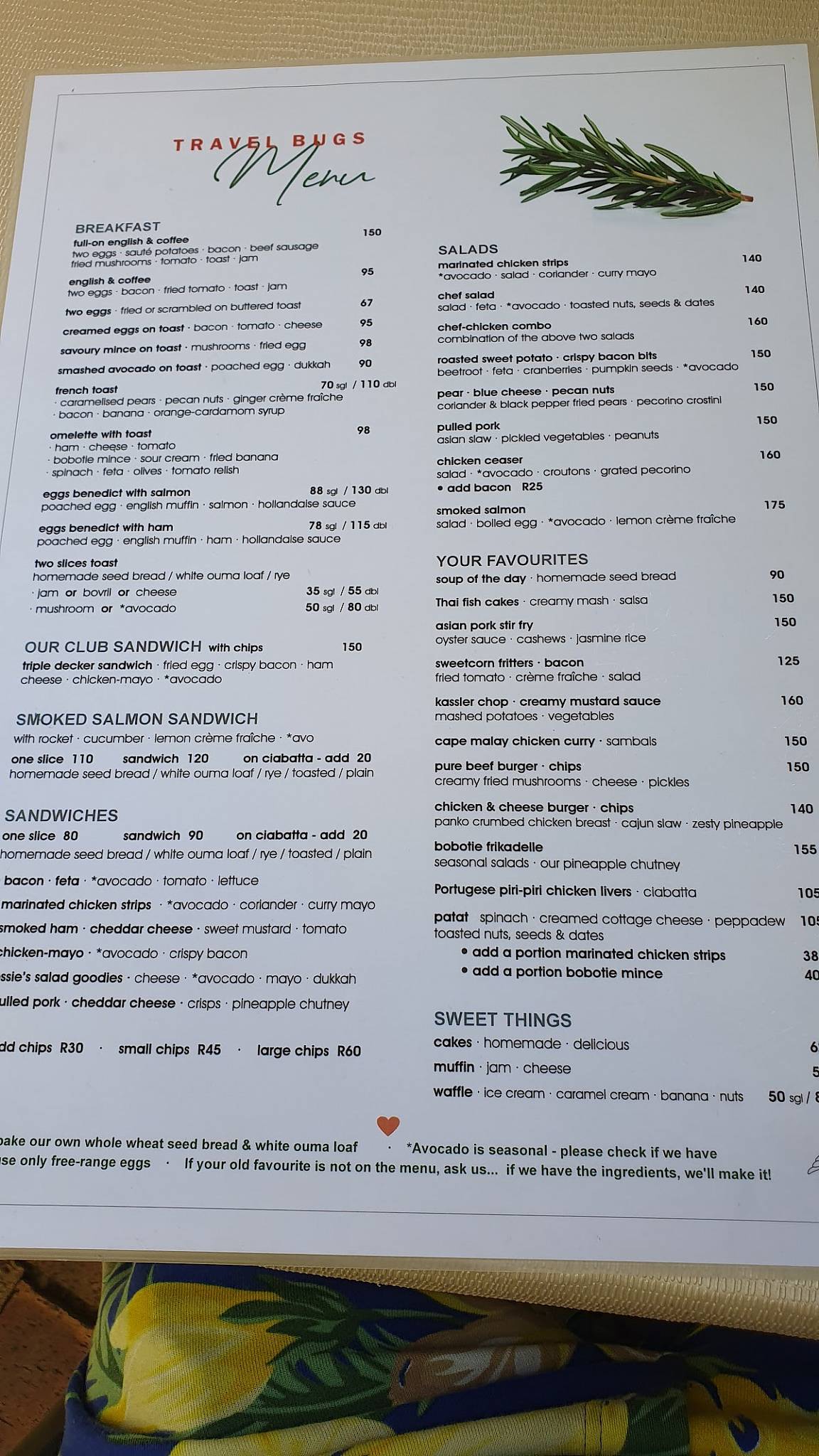 Menu at Travel Bugs restaurant, George