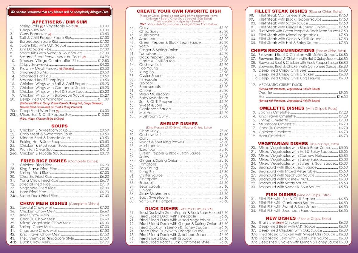 Menu at Treasure Village restaurant, Wigan