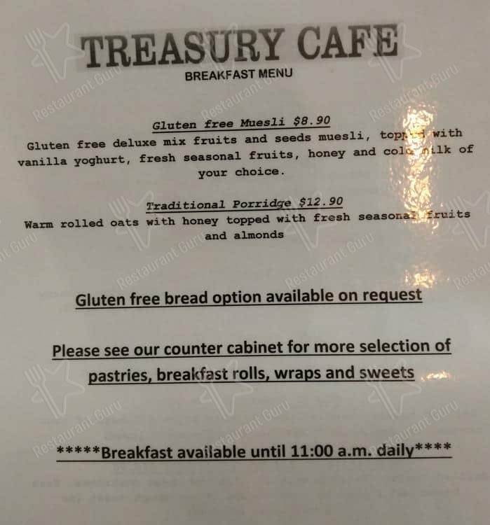 Menu at Treasury Cafe, Melbourne, 1 Macarthur St