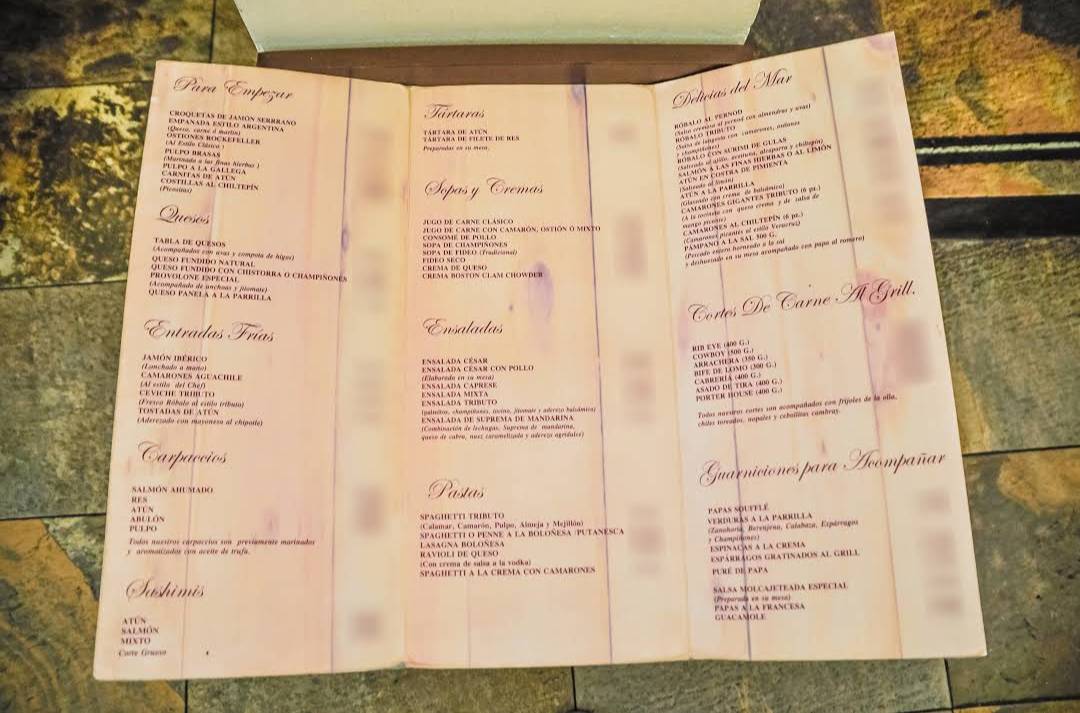 Carta del restaurante Tributo, Ciudad del México