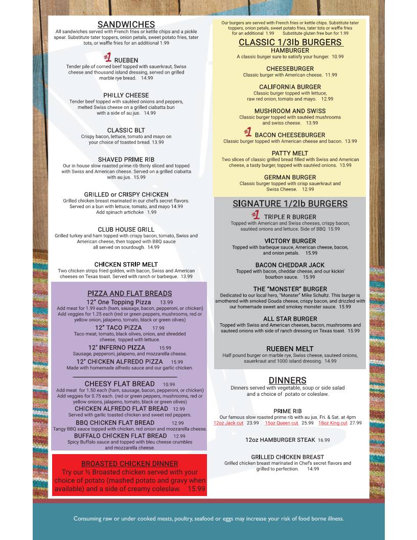 Menu at Triple R Grill & Bar, Kimball, 37 Maus Dr