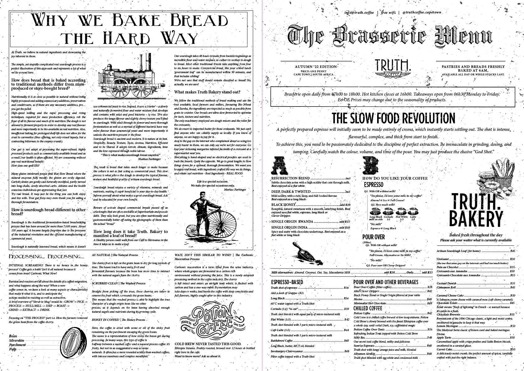 Menu at Truth Coffee Roasting cafe, Cape Town, 36 Buitenkant St