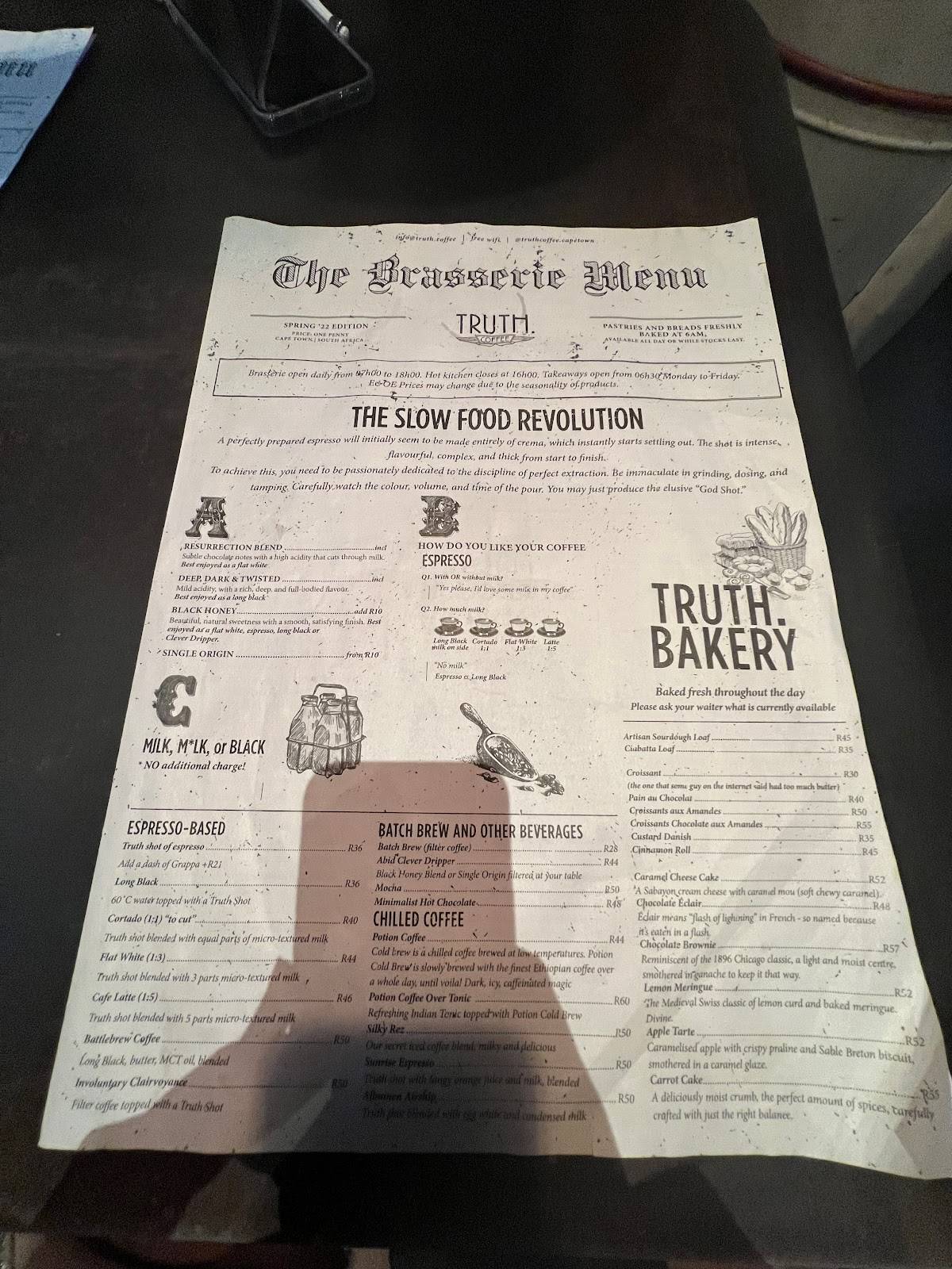 Menu at Truth Coffee Roasting cafe, Cape Town, 36 Buitenkant St