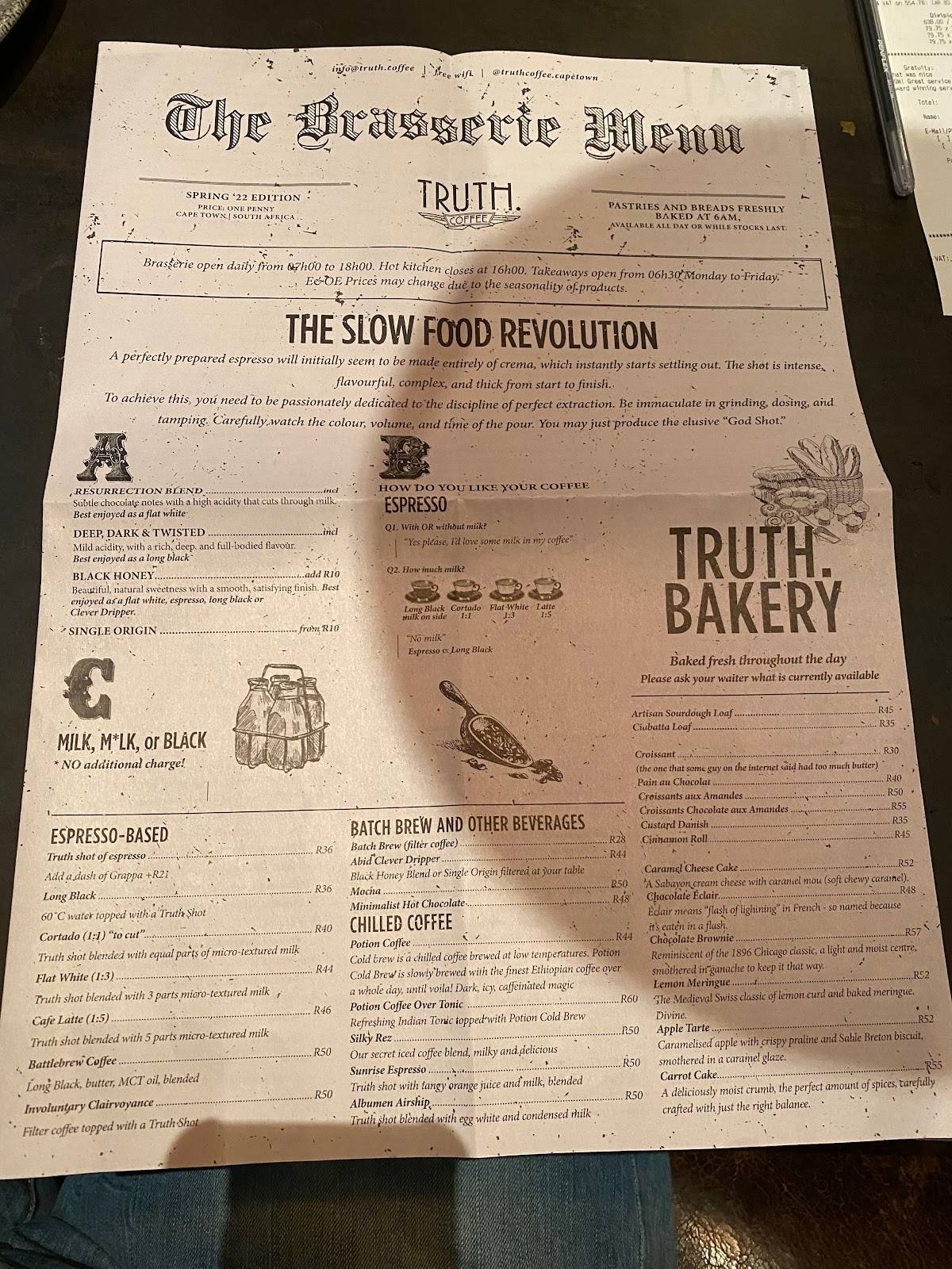 Menu at Truth Coffee Roasting cafe, Cape Town, 36 Buitenkant St