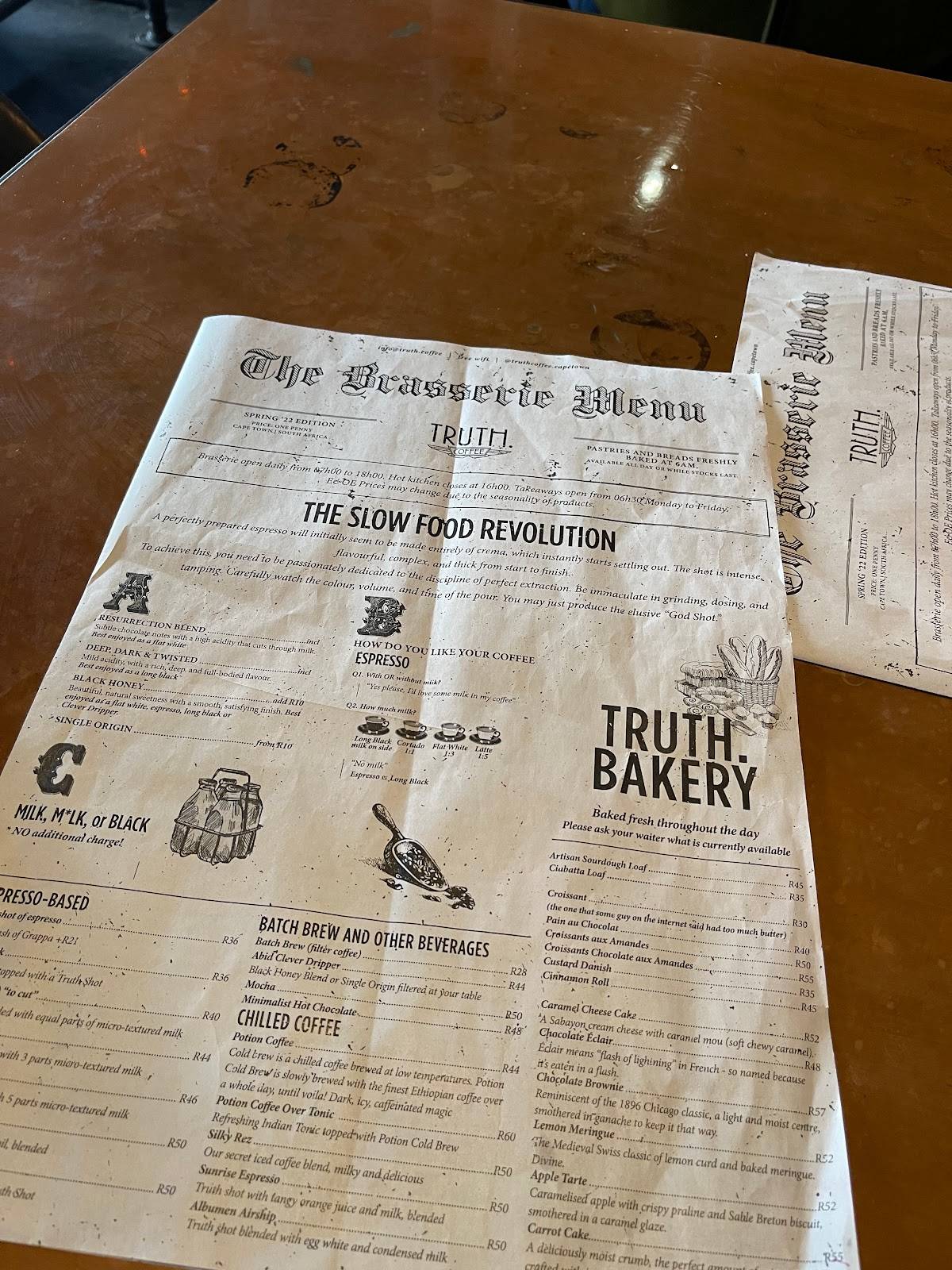 Menu at Truth Coffee Roasting cafe, Cape Town, 36 Buitenkant St