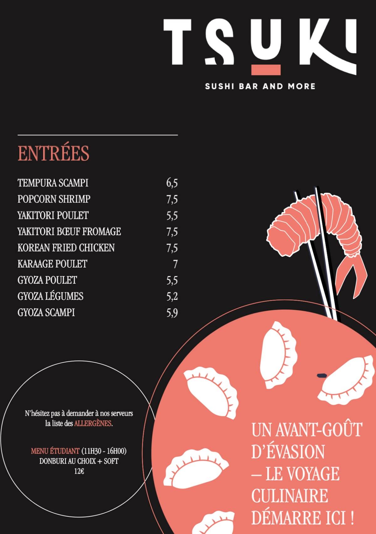 Menu au Tsuki Brussels Sushi Bar, Anderlecht