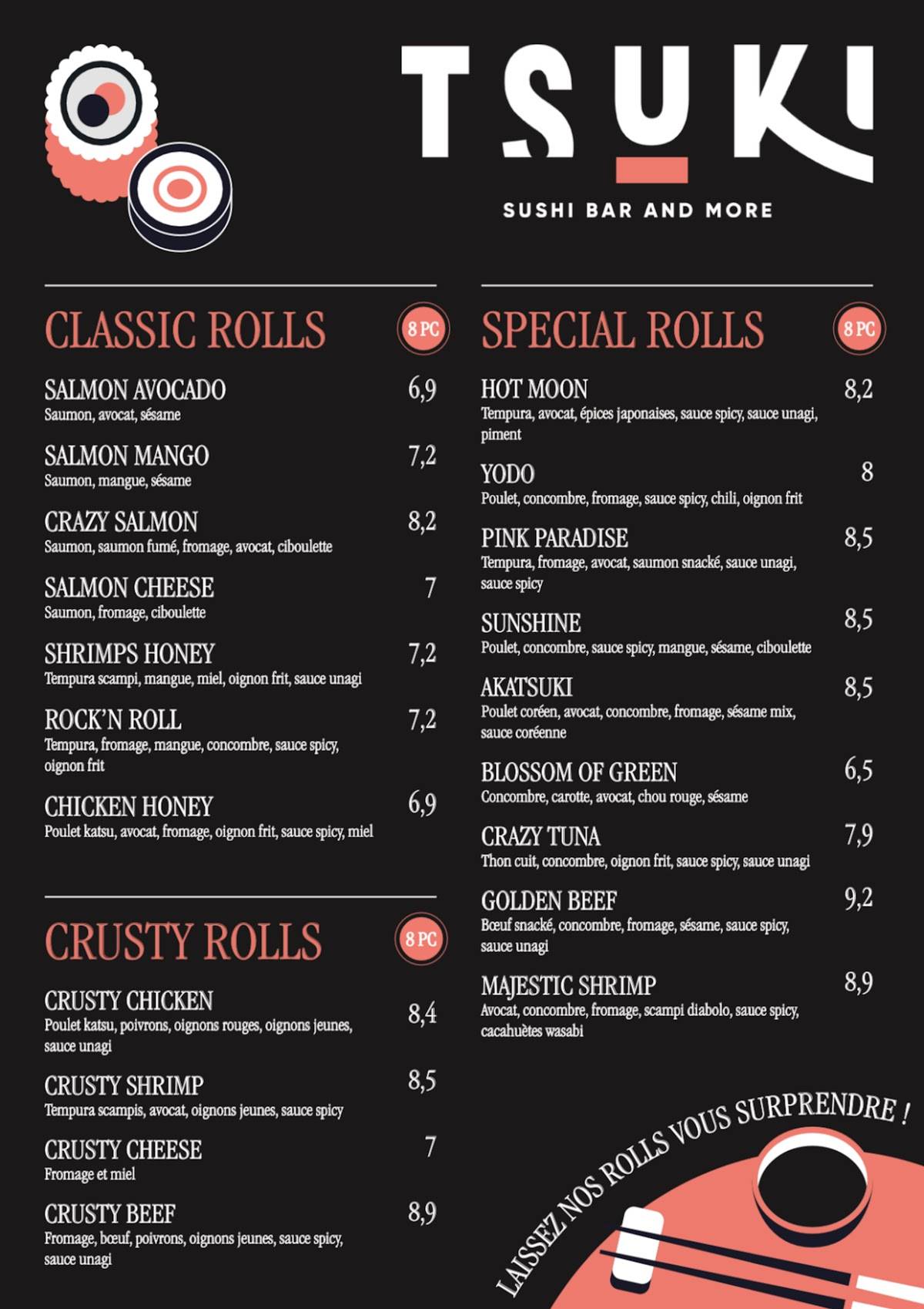 Menu au Tsuki Brussels Sushi Bar, Anderlecht