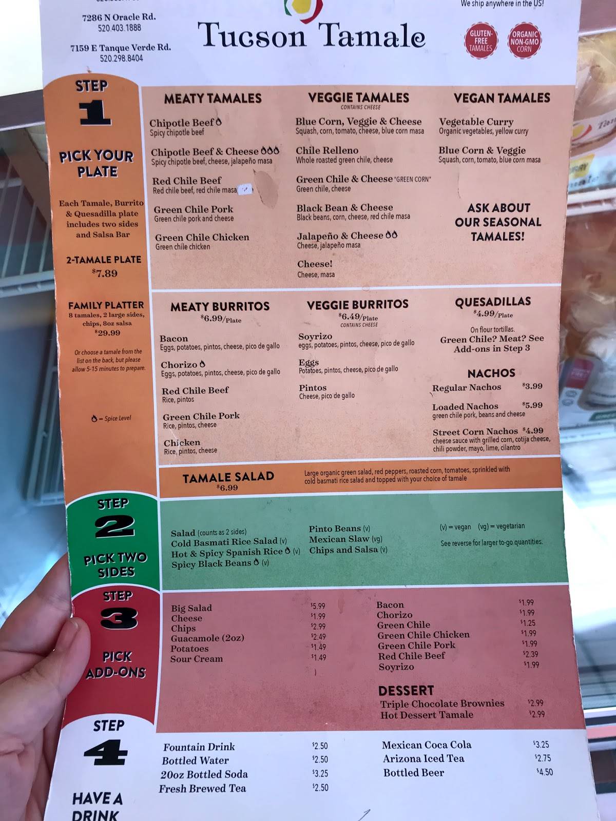 Menu at Tucson Tamale Company restaurant, Tucson, E Broadway Blvd