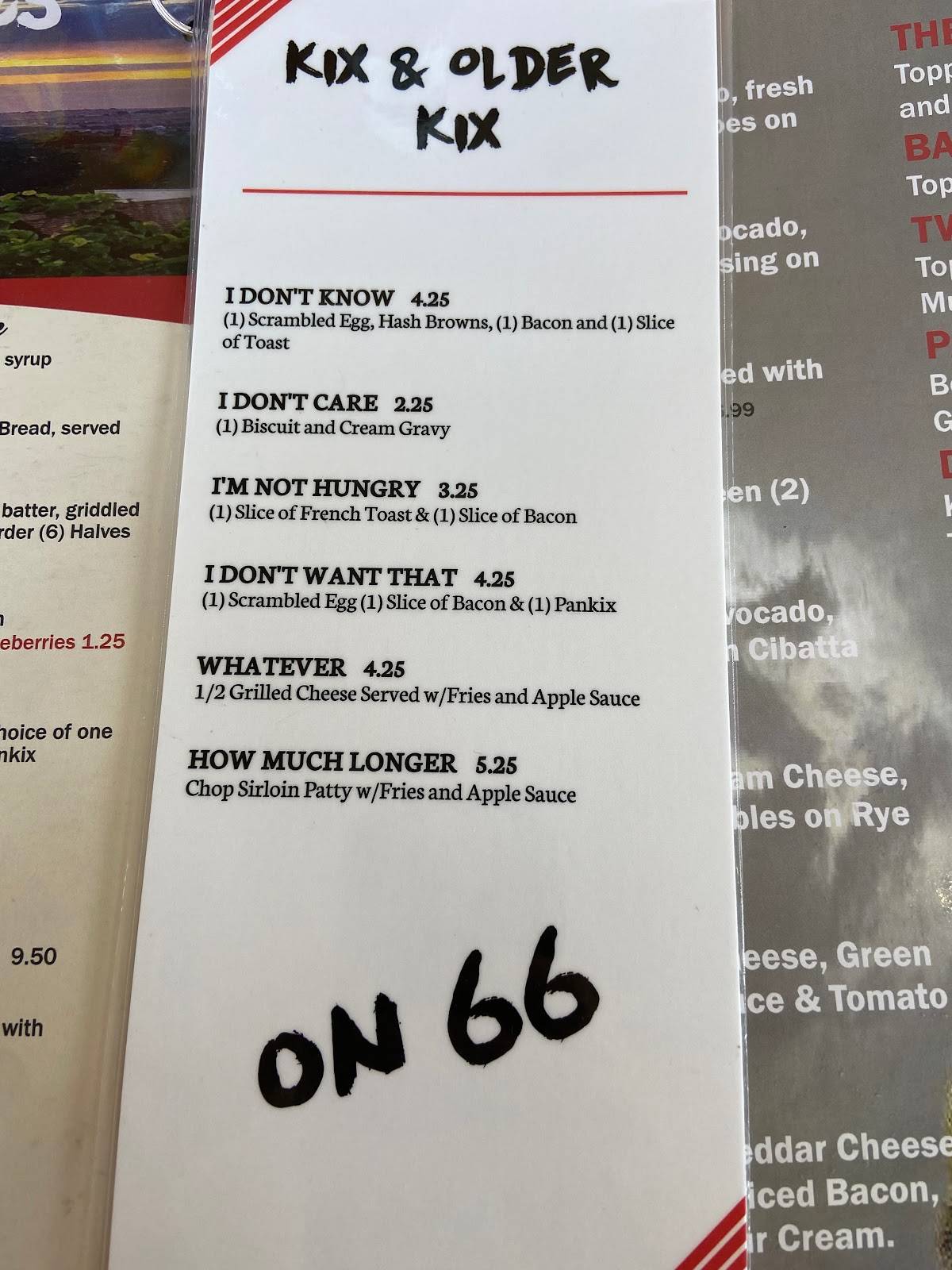 Menu at Kix On 66 restaurant, Tucumcari