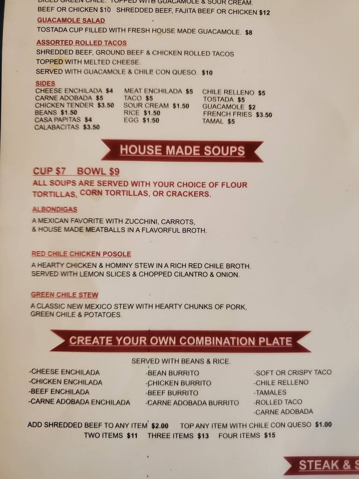 Menu at Casa De Suenos restaurant, Tularosa