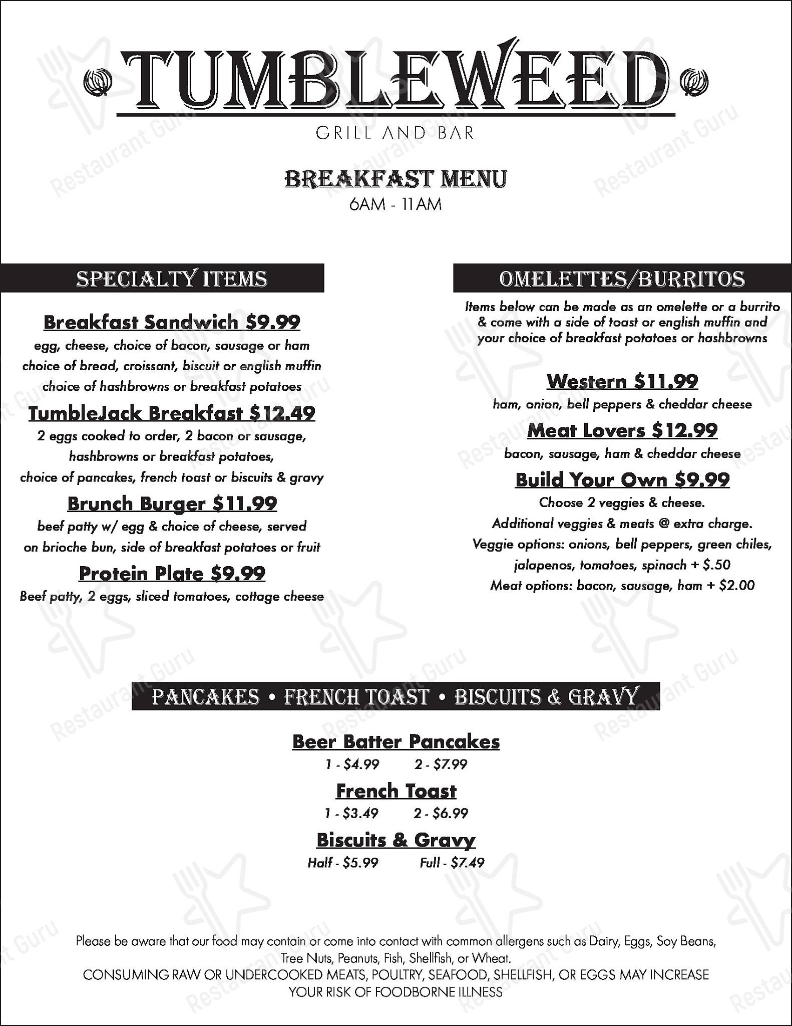 Menu at Tumbleweed Grill & Bar / Gold Rush Saloon, Apache Junction