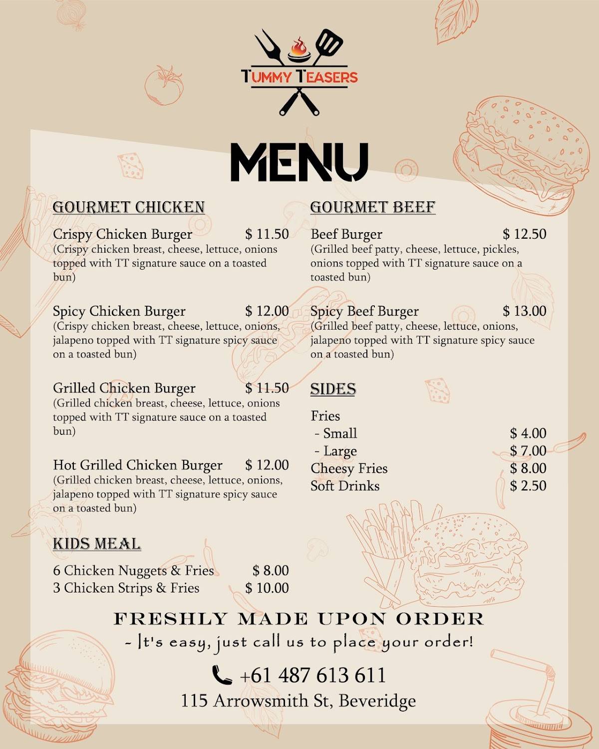 Menu at Tummy Teasers restaurant, Beveridge