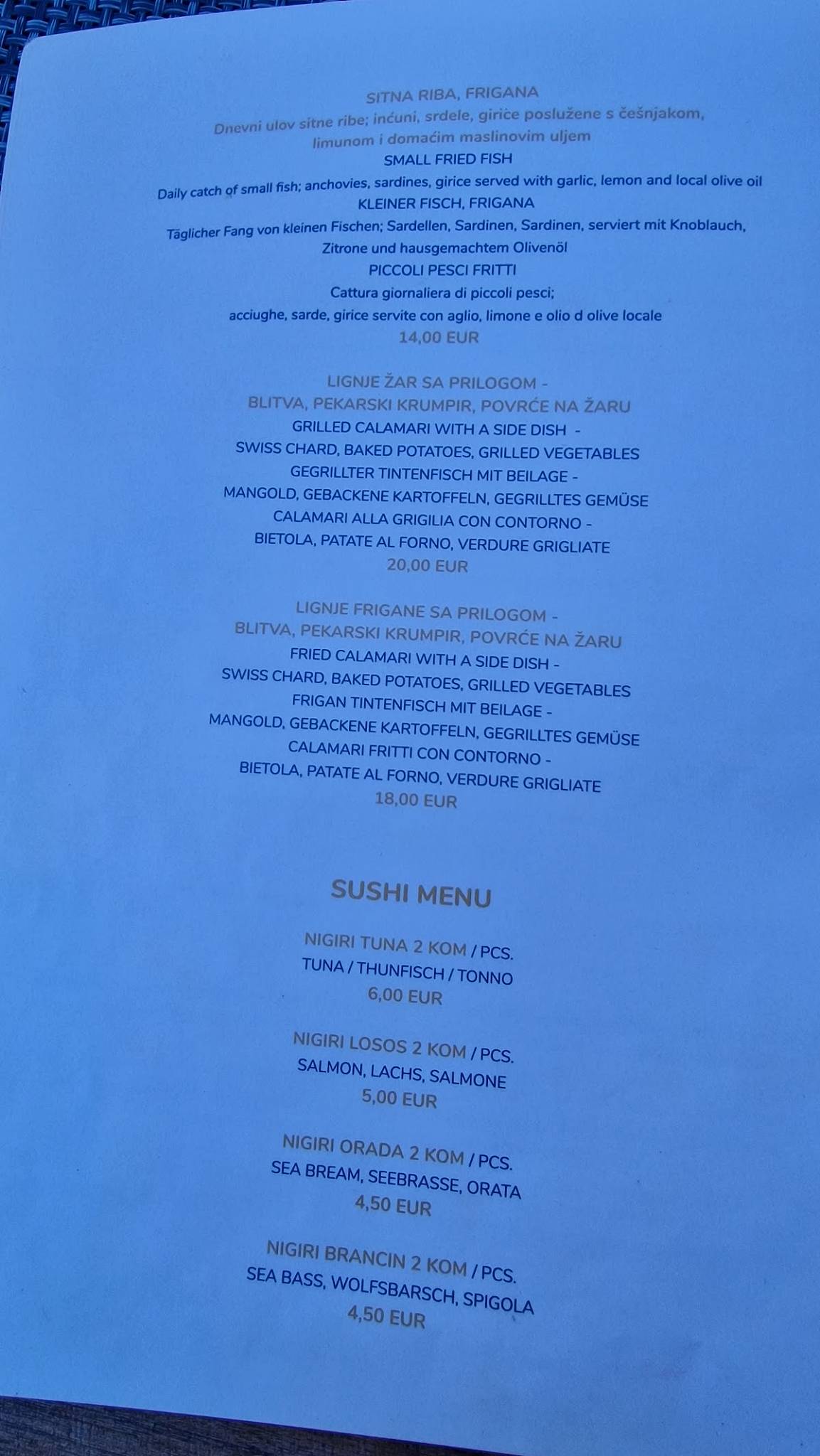 Menu at Tuna House restaurant, Baška