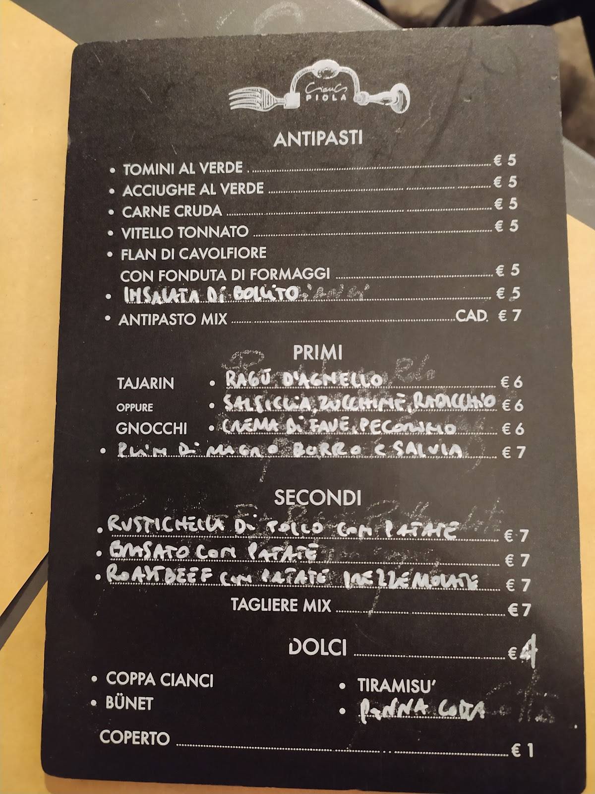 Menu da Piola da Cianci ristorante, Torino
