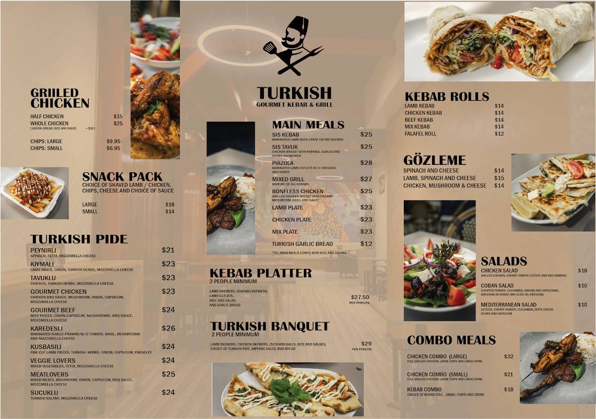 Menu at Turkish Gourmet Kebab and Grill restaurant, Canberra