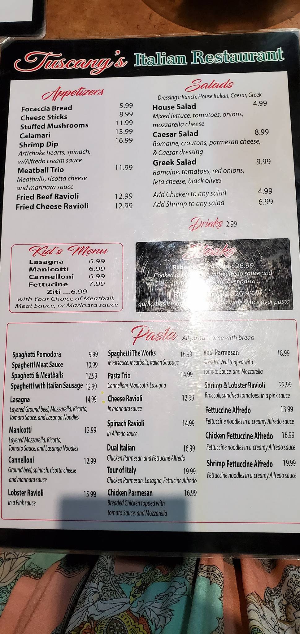 Menu at Tuscany's Italian Restaurant, Mountain Home