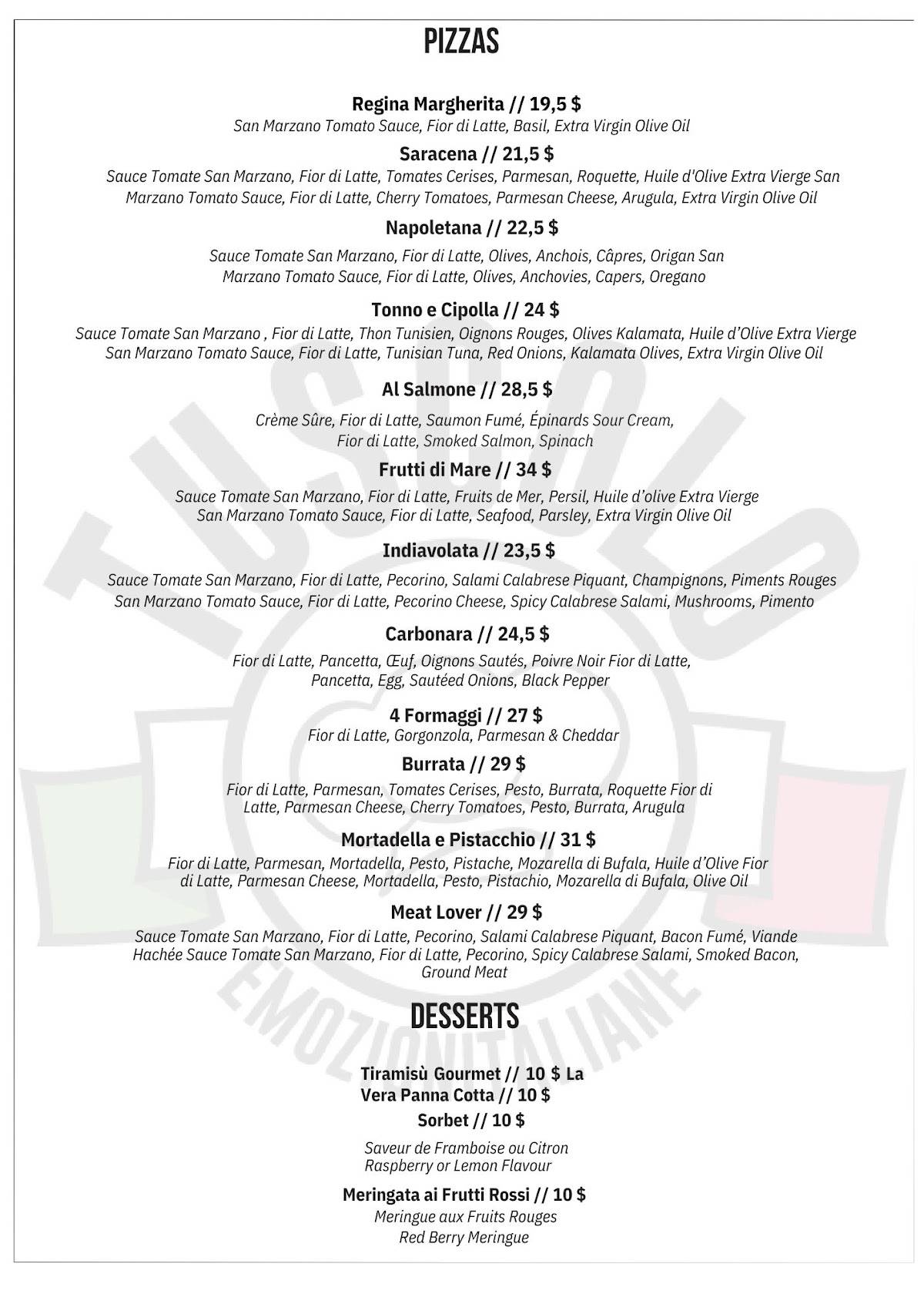 Menu at Tuscolo restaurant, Montréal