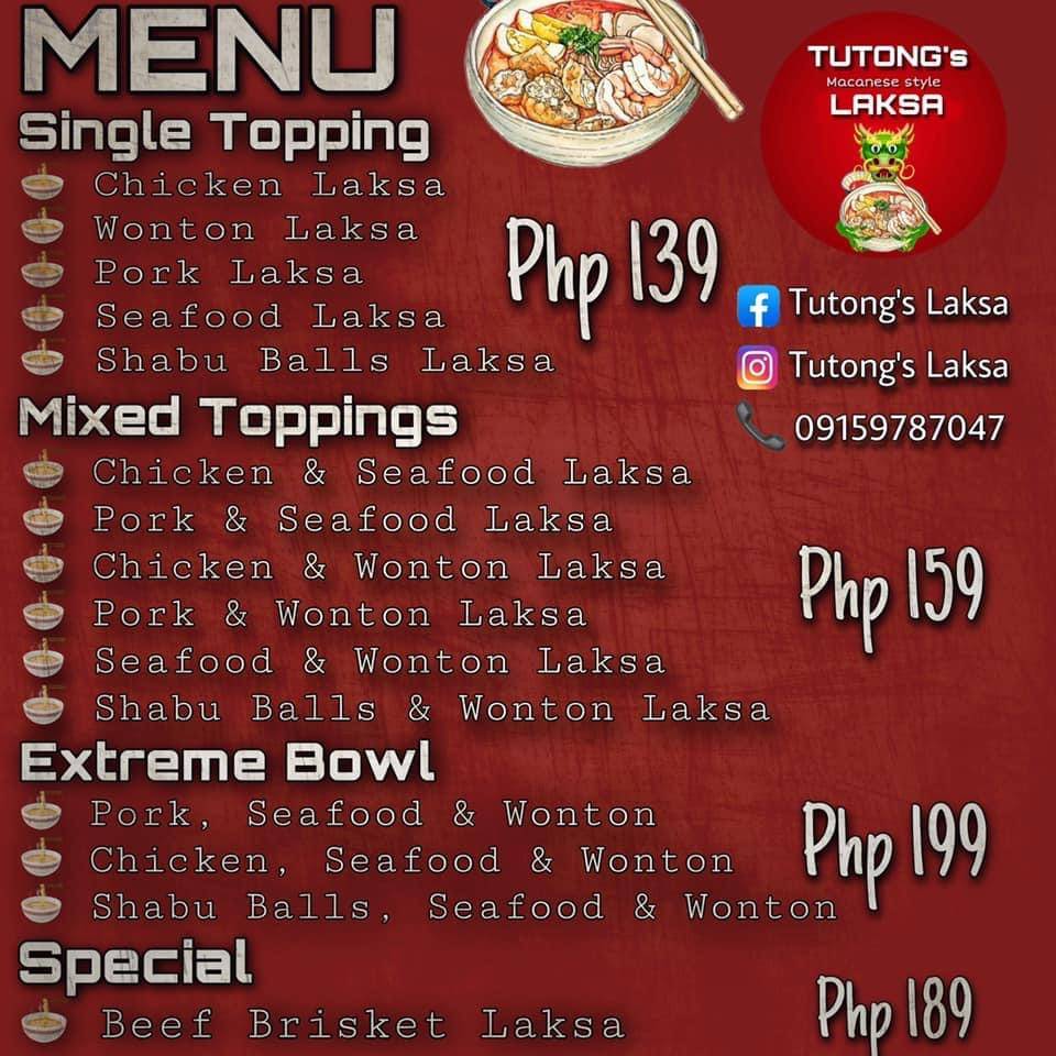Menu at Tutong’s Laksa - Caloocan restaurant, Caloocan