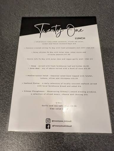 Menu at Twenty One restaurant, Kirkwall