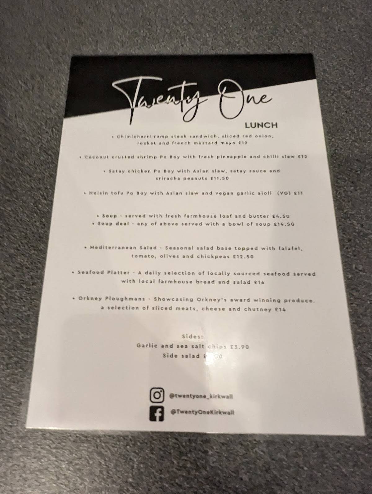 Menu at Twenty One restaurant, Kirkwall