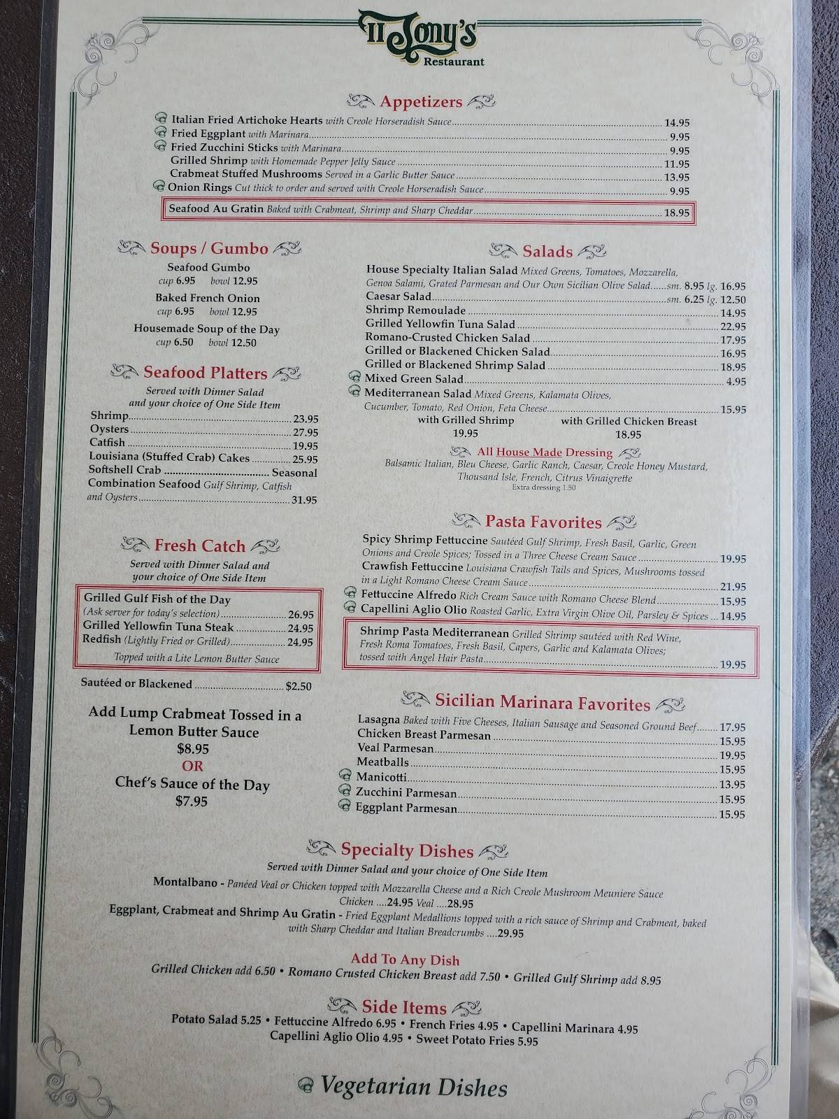 Menu at Two Tony's Restaurant, New Orleans