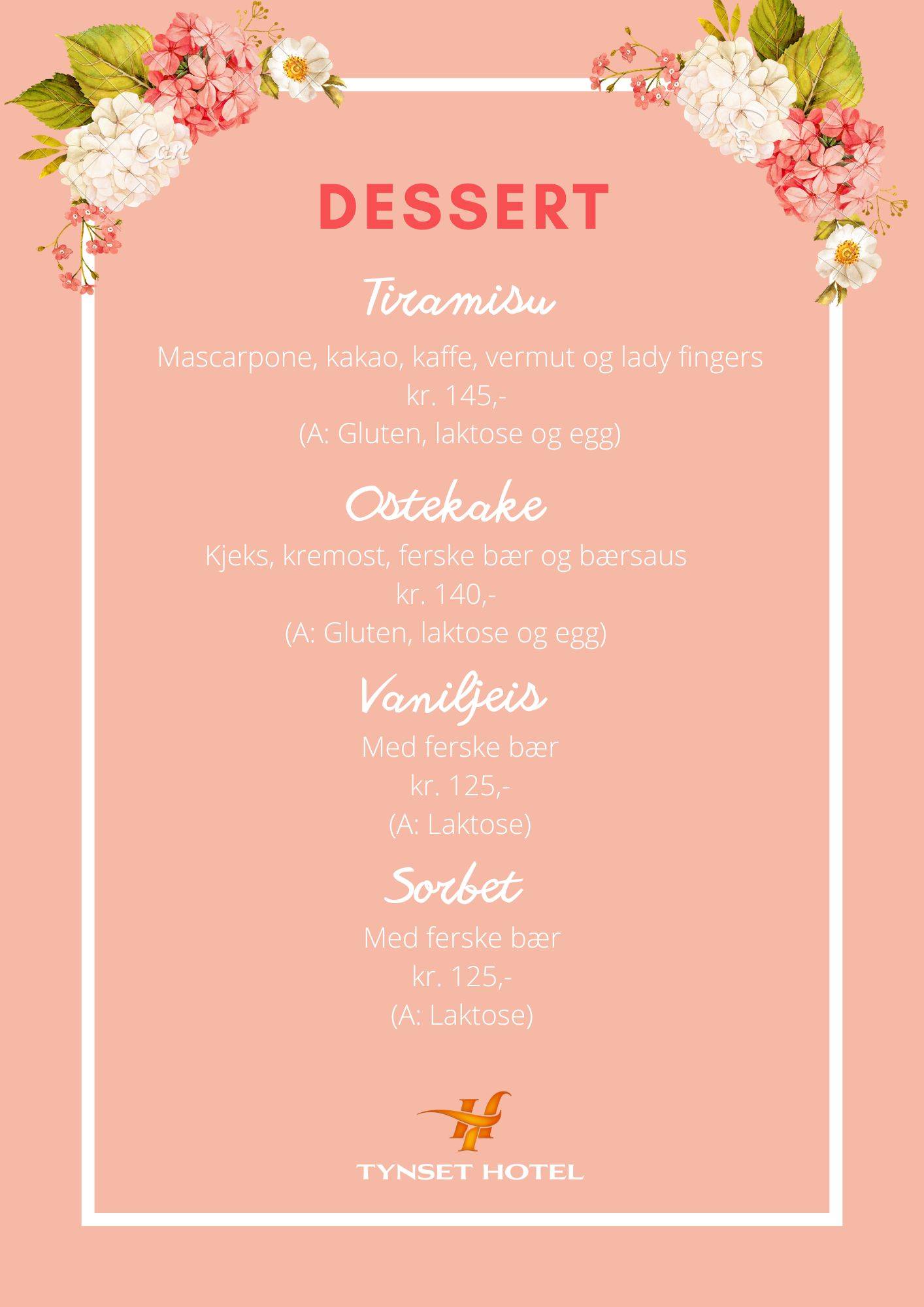 Menu at Tynset Hotel AS, Tynset