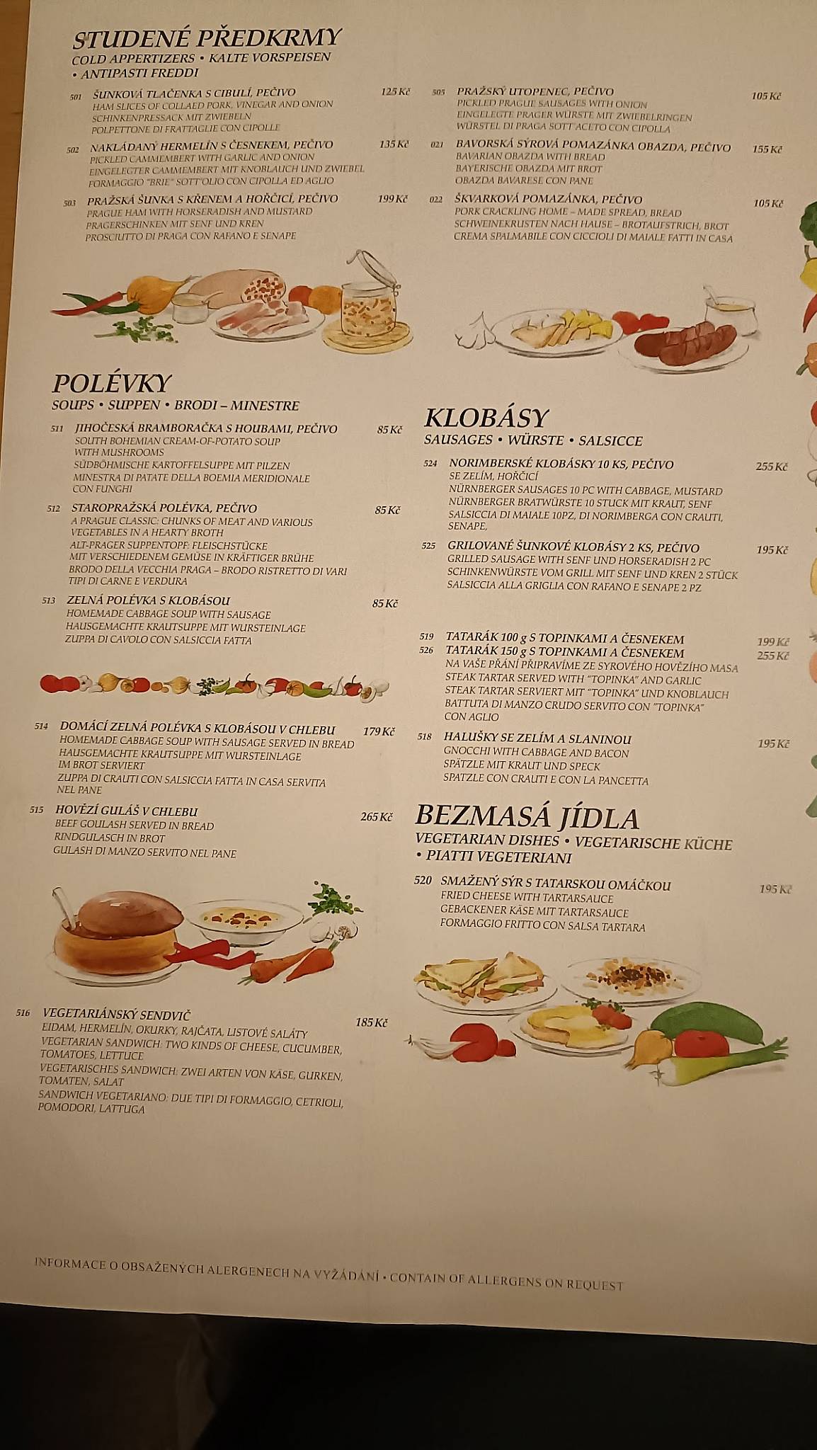 Menu at U Glaubiců restaurant, Prague, Malostranské nám. 266/5